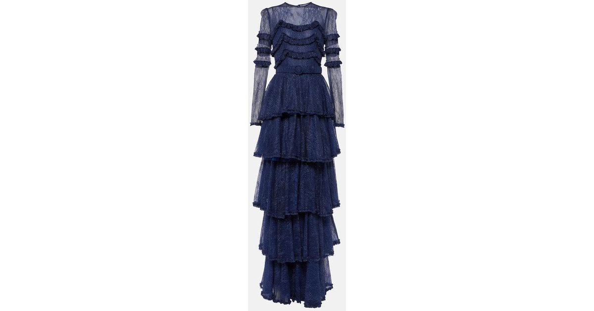 Costarellos Frill-Trimmed Tiered Lace Gown in Blue | Lyst
