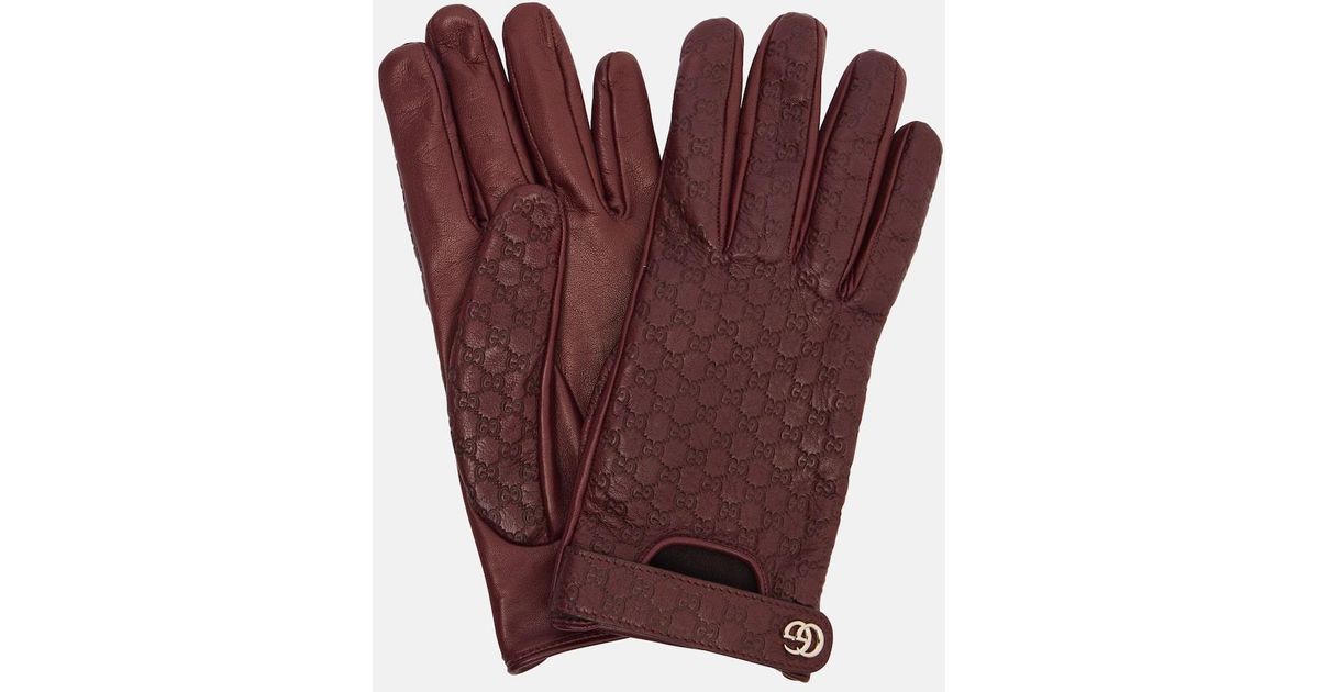 Gucci Double G Gg Debossed Leather Gloves in Red | Lyst