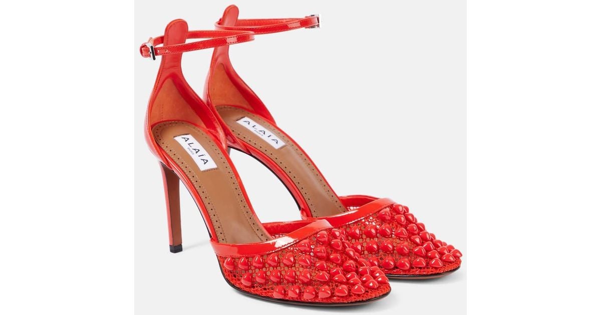 Alaïa Red Studded Fishnet Pumps | Lyst