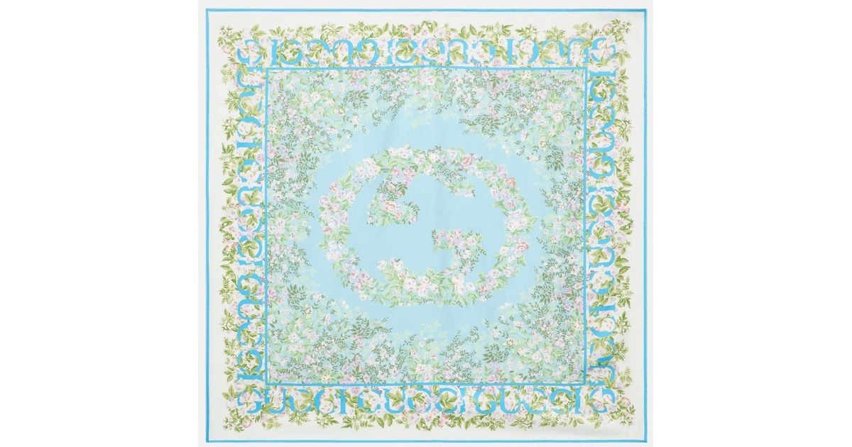 Gucci Gg Floral Silk Twill Scarf in Blue | Lyst