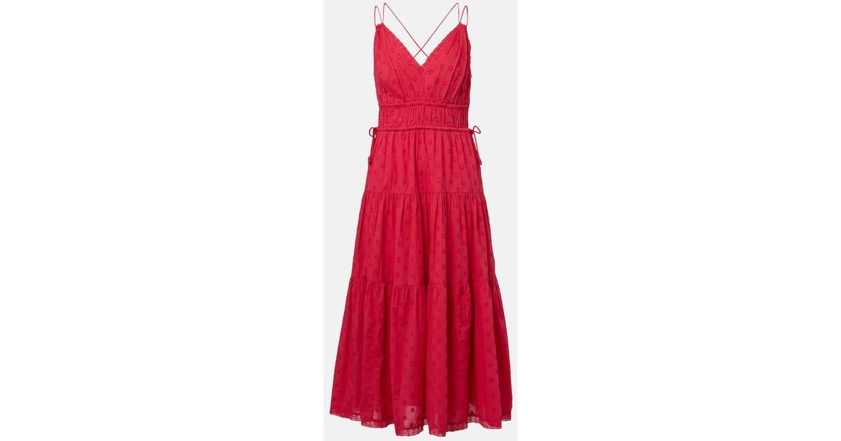 Ulla Johnson Freya Polka-Dot Cotton Dobby Midi Dress in Red | Lyst