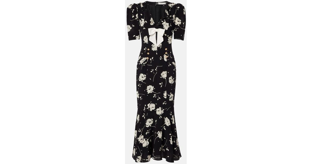 Alessandra Rich Floral Printed Silk Midi Dress in Black | Lyst