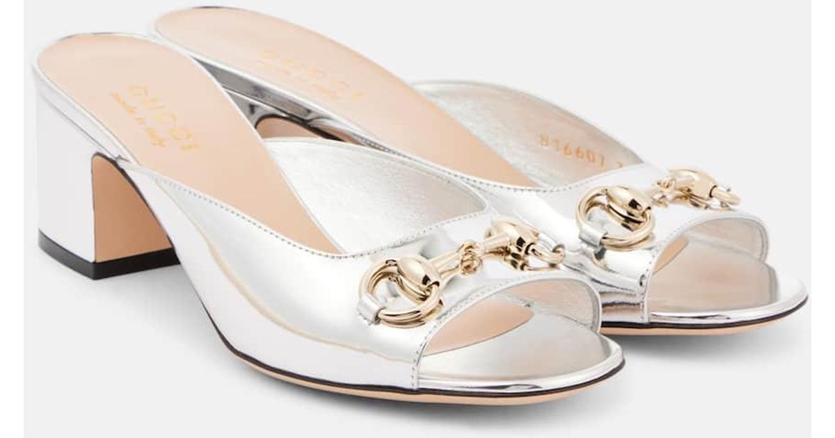 Gucci Lady Horsebit Metallic Leather Mules in Natural | Lyst