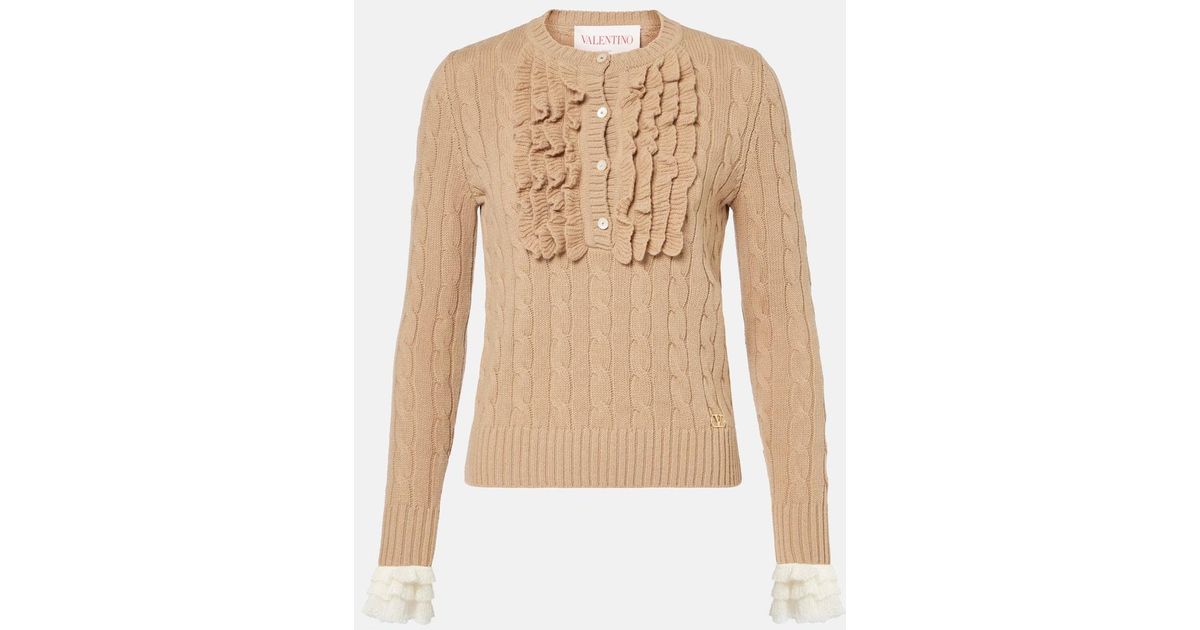 Valentino Ruffled Cable-Knit Virgin Wool Sweater in Natural | Lyst