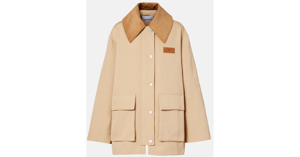 Ganni Oversized-Collar Brand-Patch Woven Jacket in Natural | Lyst