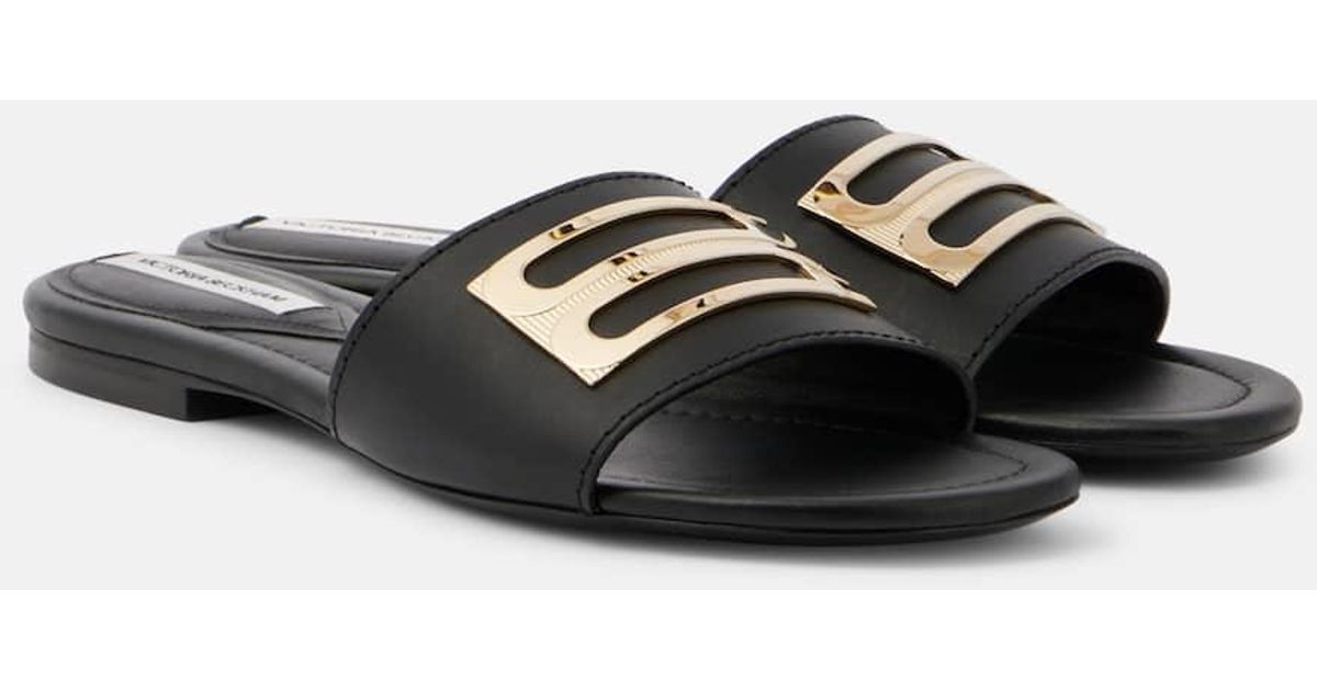 Victoria Beckham Logo Leather Slides in Black | Lyst