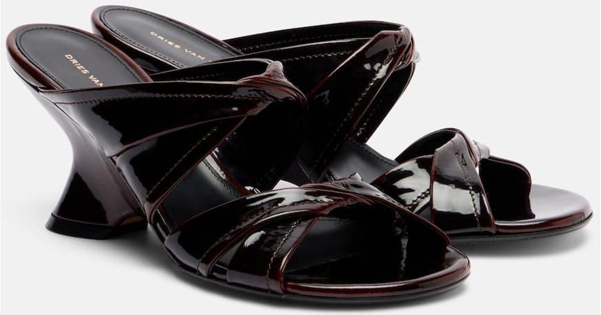 Dries Van Noten 75 Patent Leather Wedge Mules in Black | Lyst UK