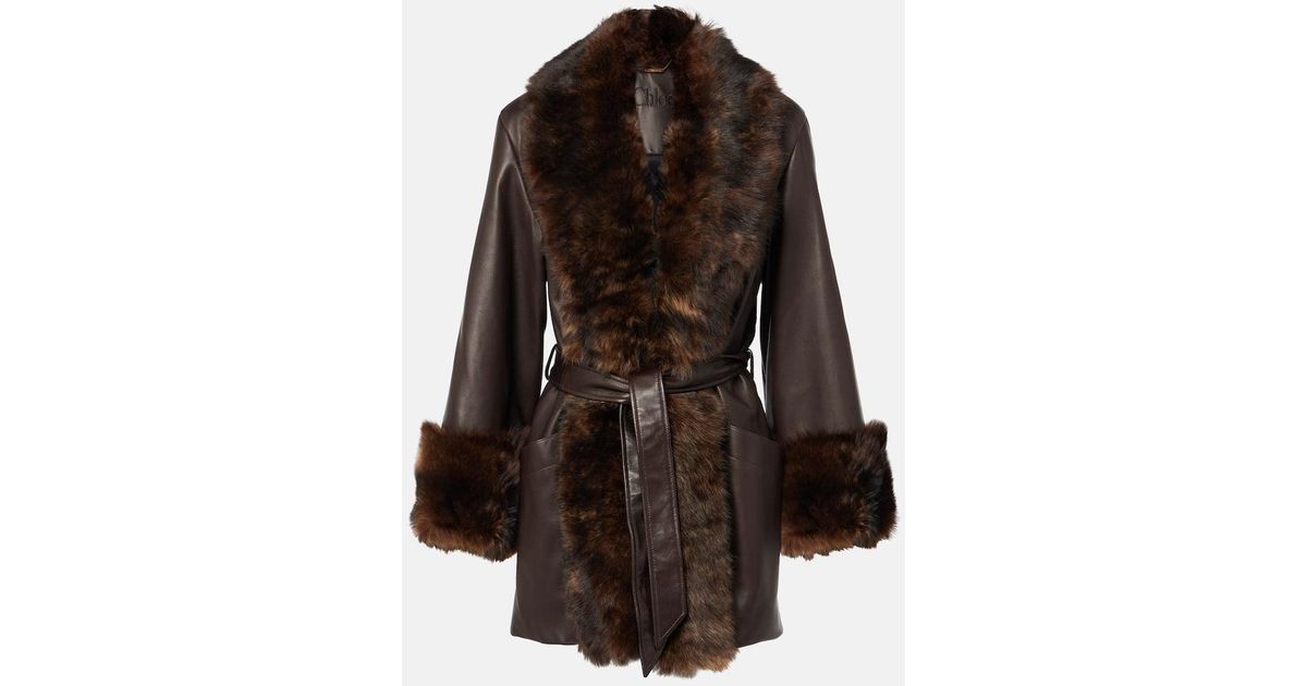 Chloé Shearling-Trimmed Leather Wrap Jacket in Brown | Lyst