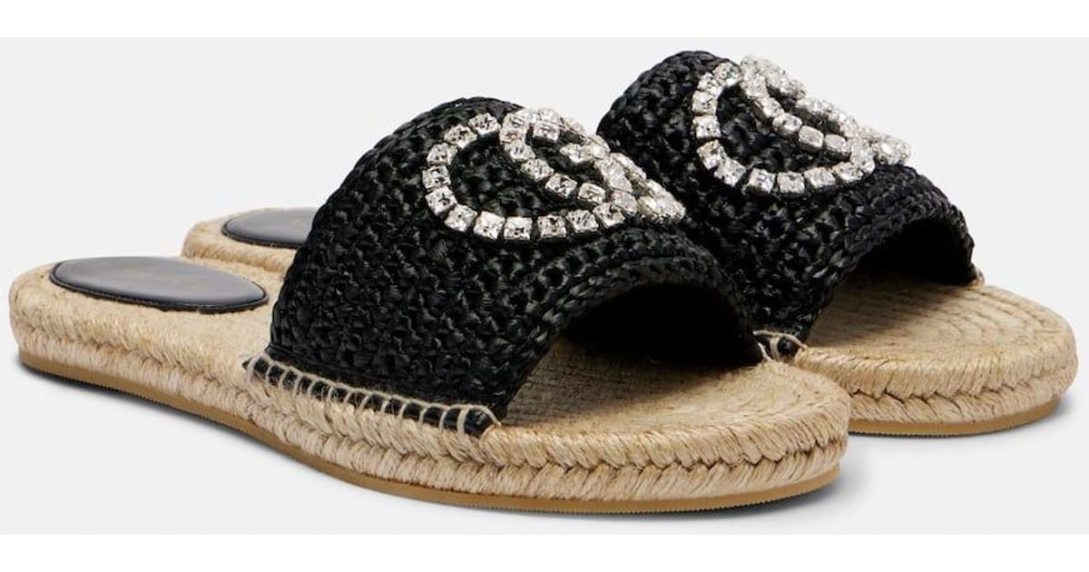 Gucci Gg Embellished Raffia Espadrille Slides in Black | Lyst