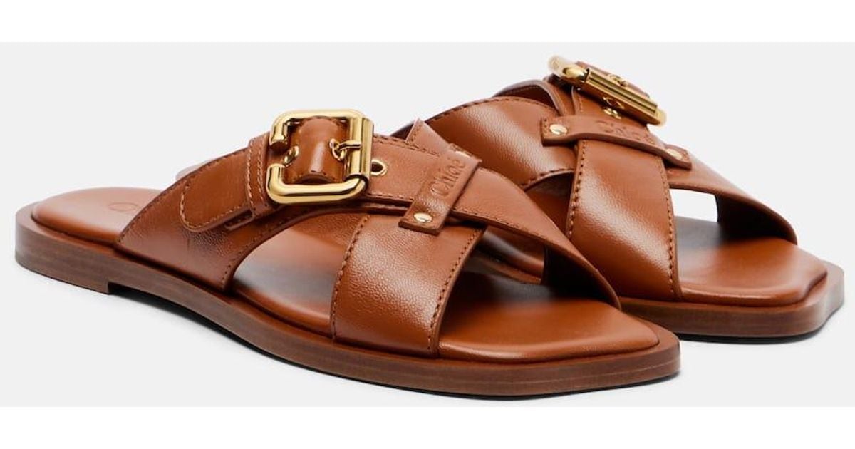 Chloé Nil Leather Slides in Brown | Lyst UK