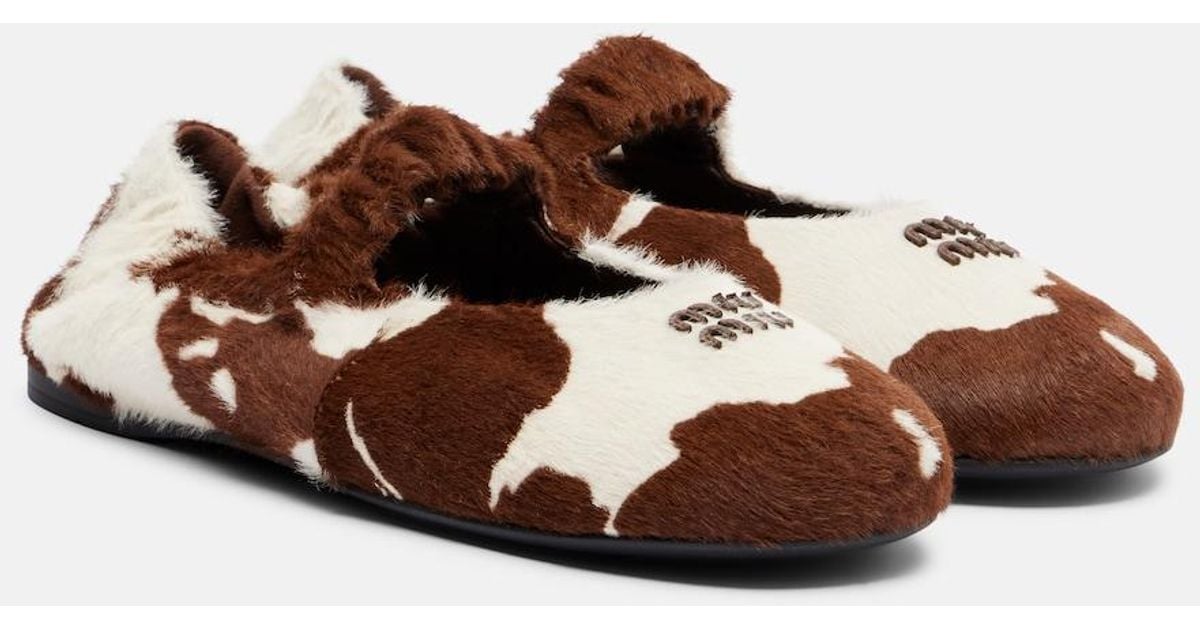 Miu Miu Cow-Print Calf Hair Mary Jane Flats in Brown | Lyst