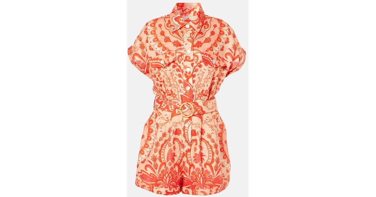FARM Rio Floral Linen Romper in Orange | Lyst