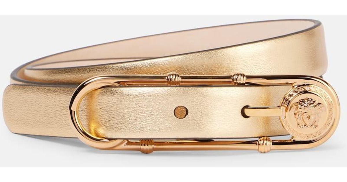 Versace Safety Pin Metallic Leather Belt in Natural | Lyst