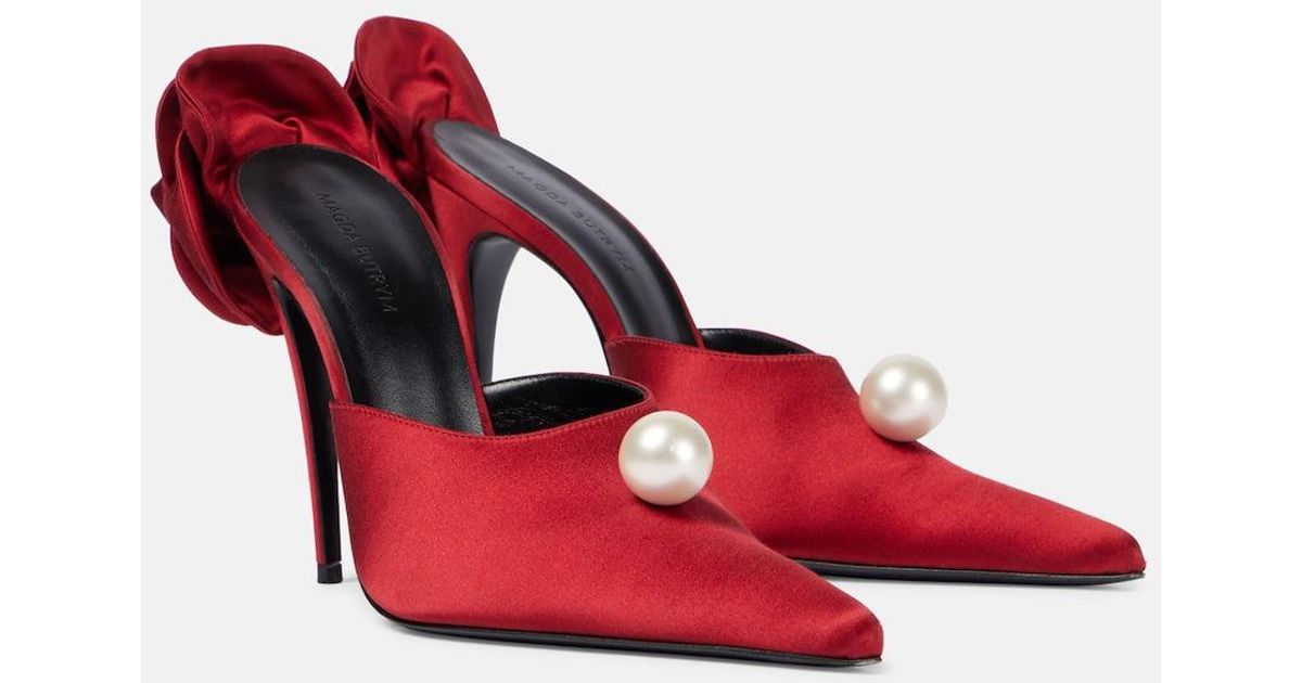 Magda Butrym Floral-Applique Faux Pearl Satin Mules in Red | Lyst