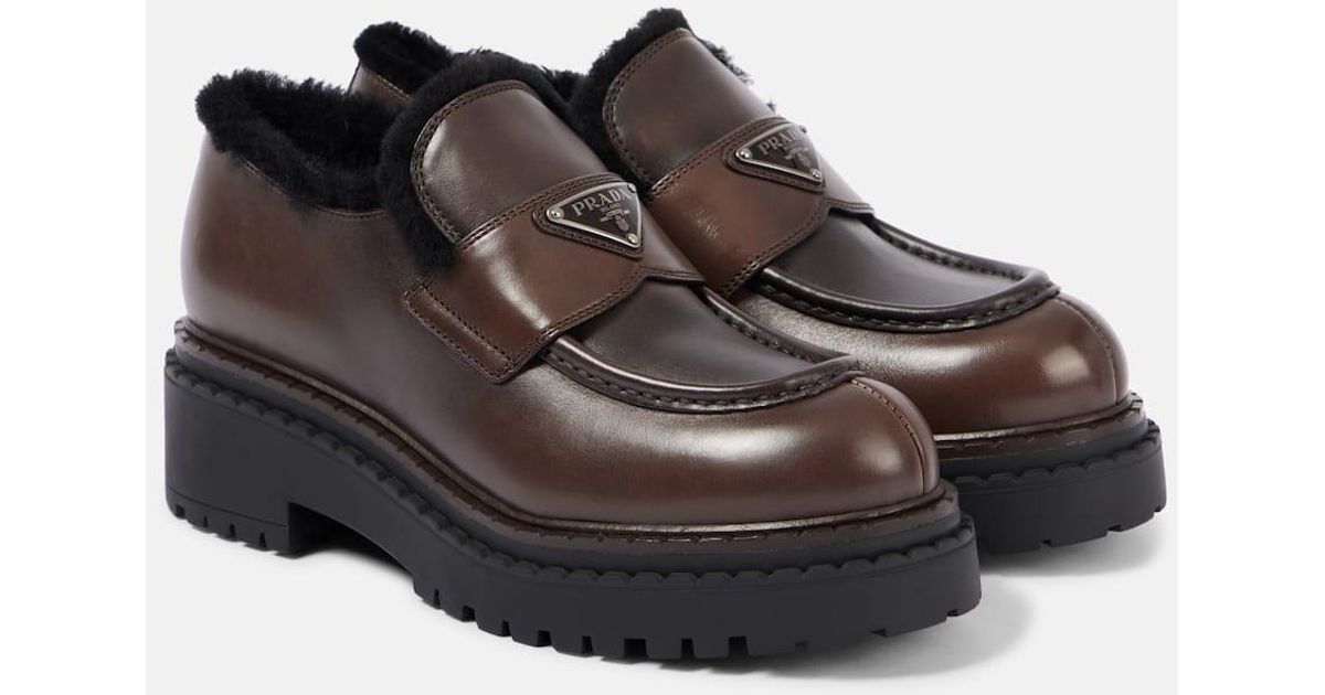Prada Shearling-Lined Brushed Leather Loafers in Brown | Lyst
