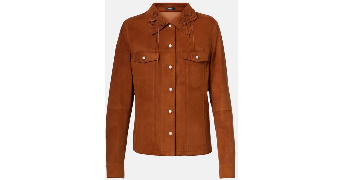 Versace Floral-Applique Suede Jacket in Brown | Lyst