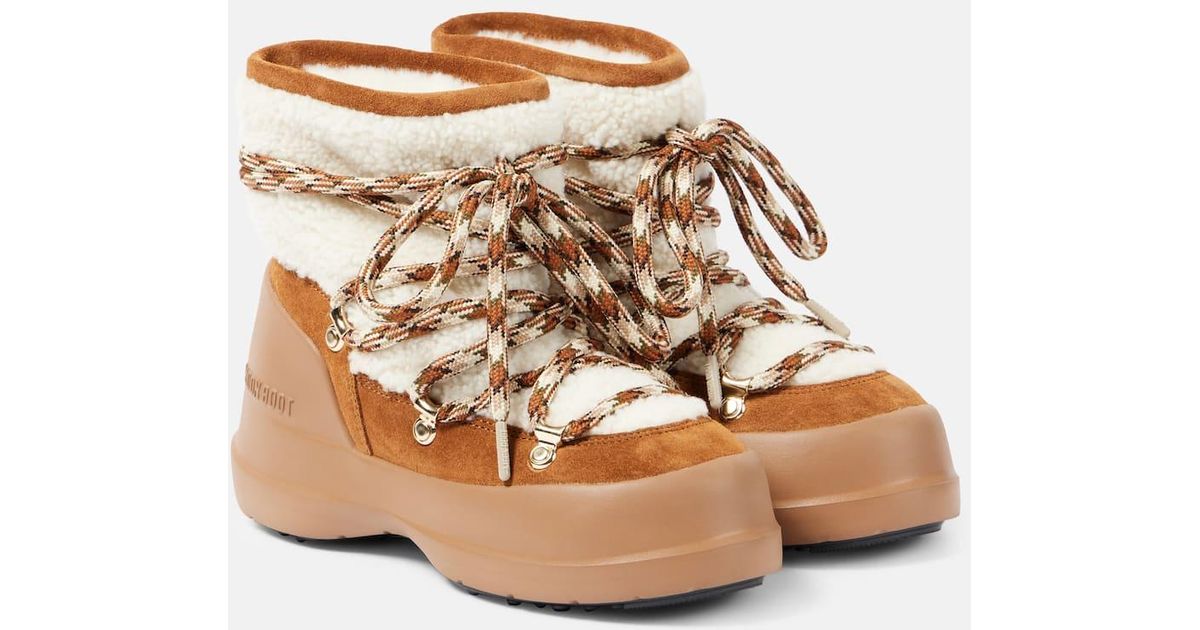 Moon Boot Luna Low Shearling And Suede Snow Boots in Brown | Lyst