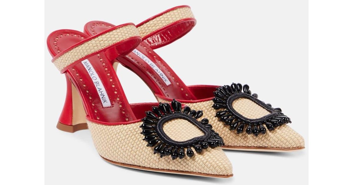Manolo Blahnik Atika 90 Raffia Mules in Red | Lyst