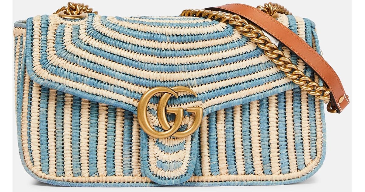 Gucci GG Marmont Small Raffia Shoulder Bag in Blue | Lyst