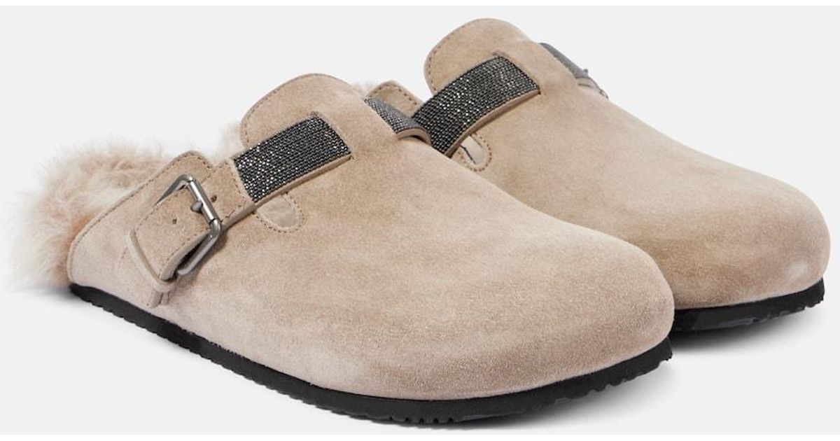 Brunello Cucinelli Beaded Shearling-Lined Suede Clogs in Natural | Lyst