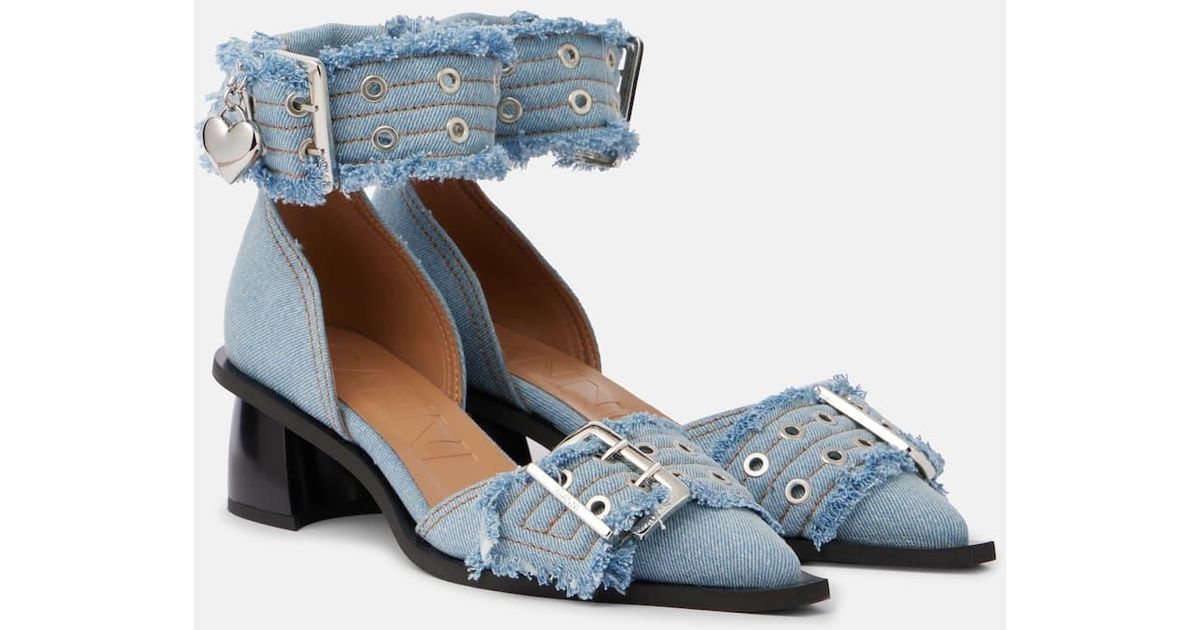 Ganni Denim Feminine Buckle Open Cut Heels in Blue | Lyst