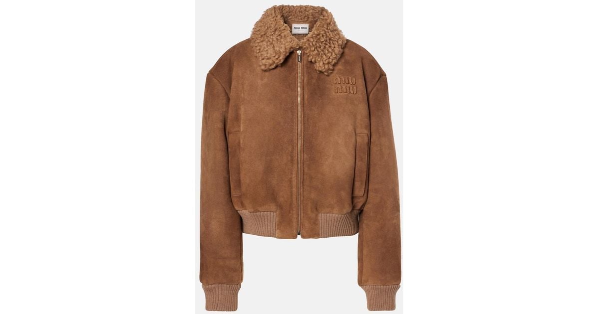Miu Miu Shearling-Trimmed Cropped Suede Jacket in Brown | Lyst