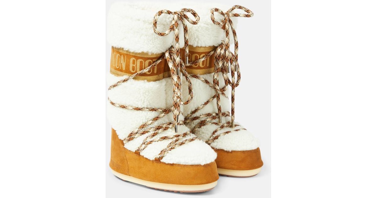 Moon Boot Icon Shearling And Suede Snow Boots in Metallic | Lyst UK