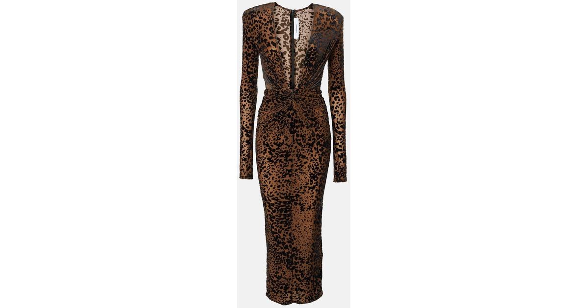 Alex Perry Leopard-Print Ruched Midi Dress in Brown | Lyst