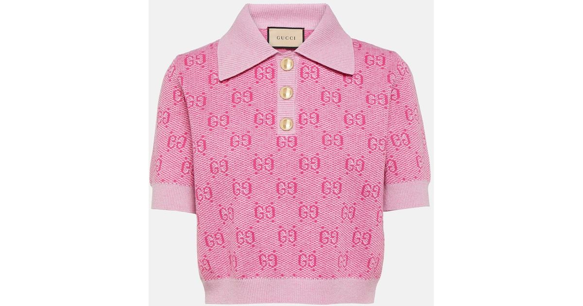 Gucci Gg Cropped Wool Jacquard Polo Shirt in Pink | Lyst