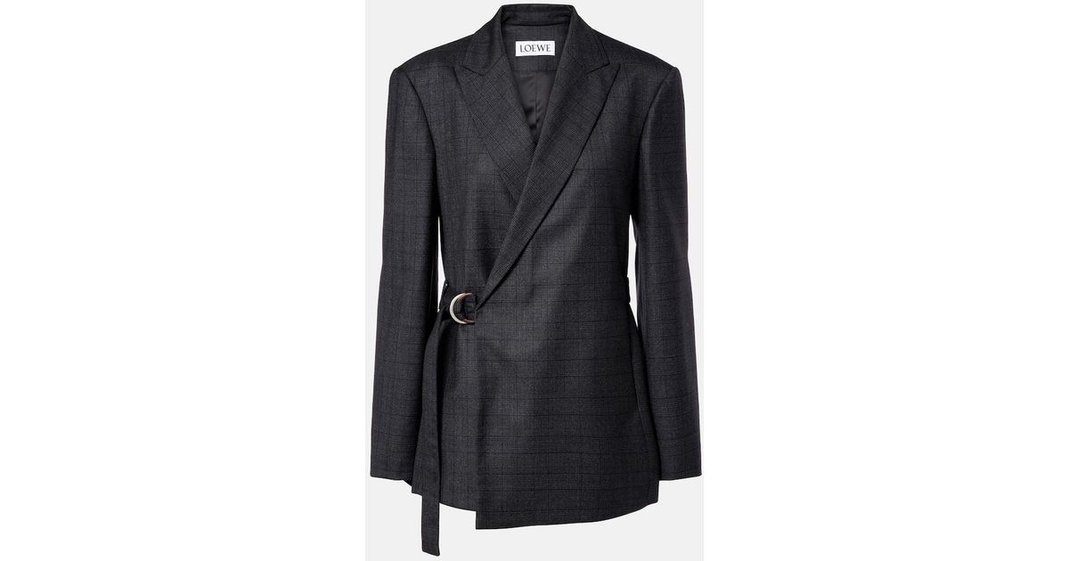 Loewe Prince Of Wales Check Wool Wrap Blazer in Black | Lyst UK