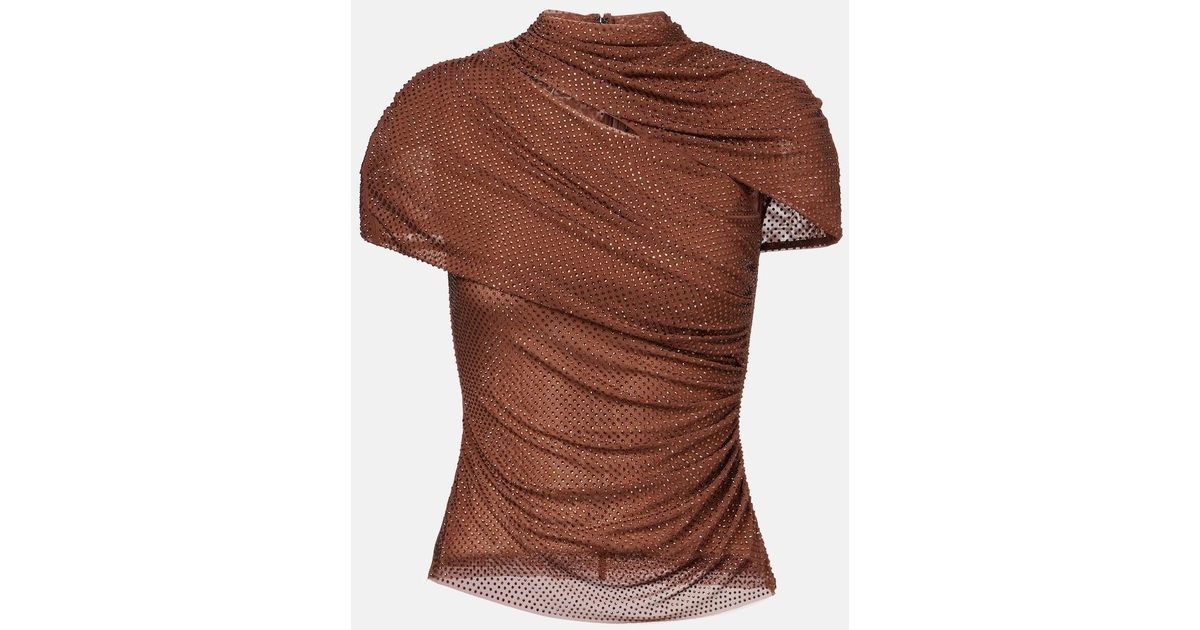 Self-Portrait Crystal-Embellished Draped Mesh Top in Brown | Lyst