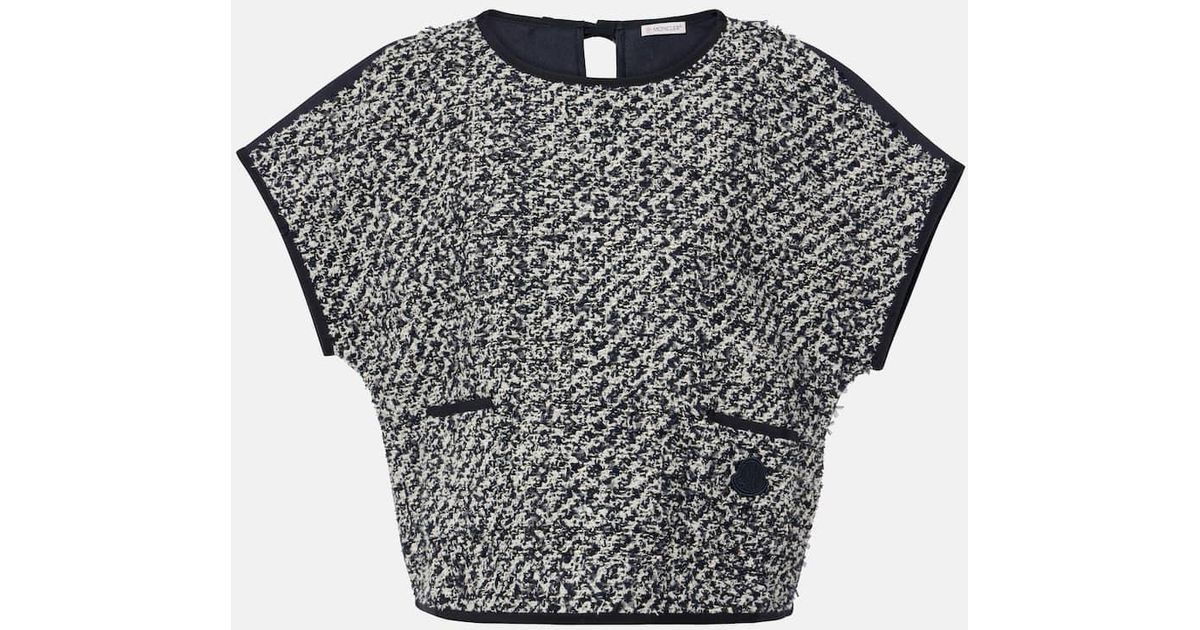 Moncler Cotton-Blend Tweed Satin Top in Gray | Lyst