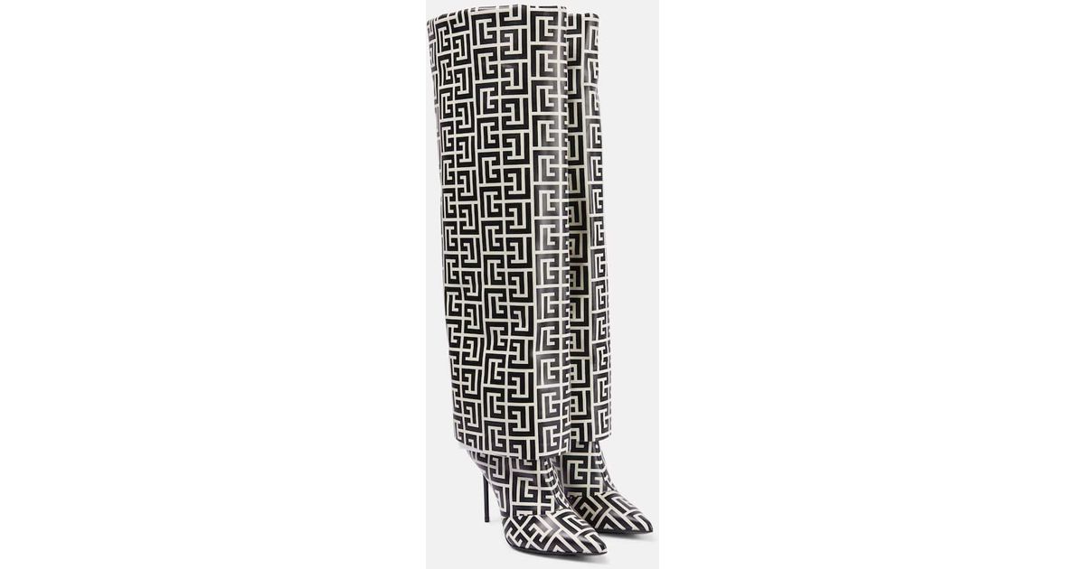 Balmain Ariel Monogram Knee-High Boots in White | Lyst UK