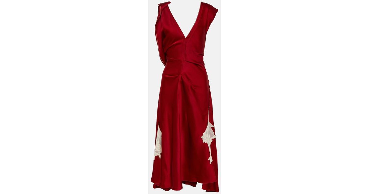 Victoria Beckham Lace-trimmed Draped Satin Midi Dress in Red | Lyst
