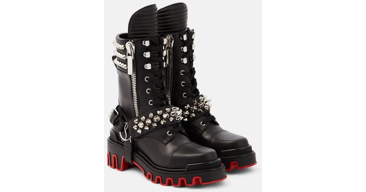 Christian Louboutin Janetta Red Sole Spike Leather Biker Boots in Black ...