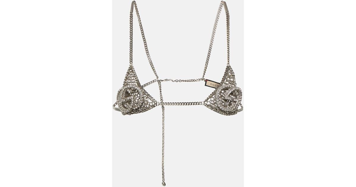 Gucci Interlocking G Embellished Chain Bra in Metallic | Lyst UK