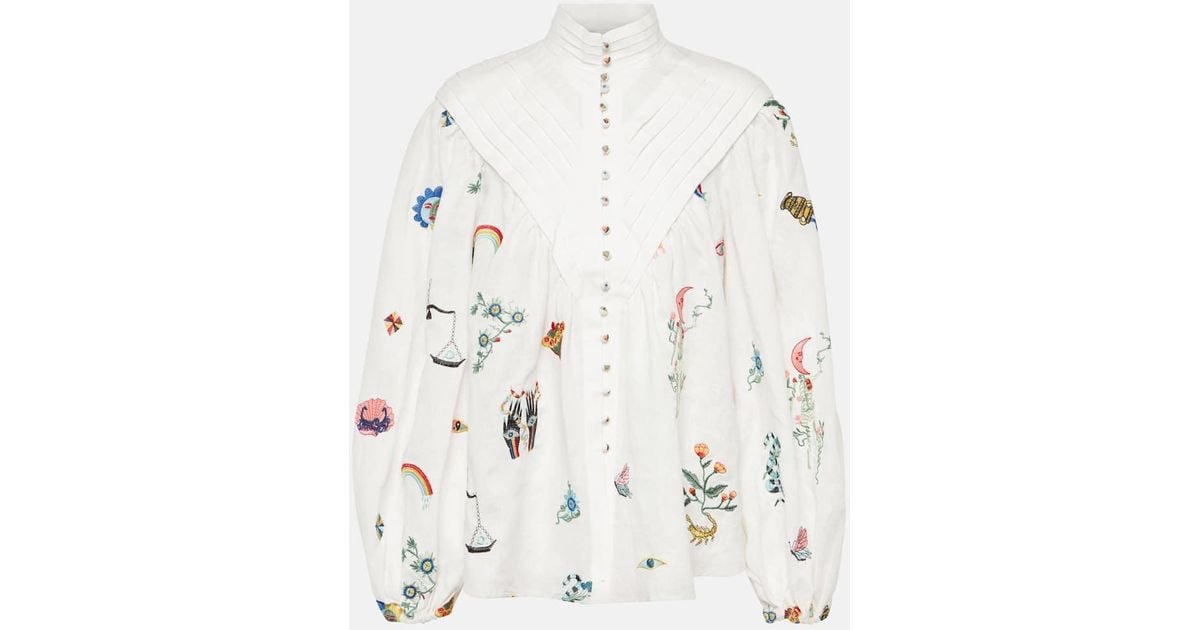 ALÉMAIS Atticus Embroidered Linen Blouse in White | Lyst