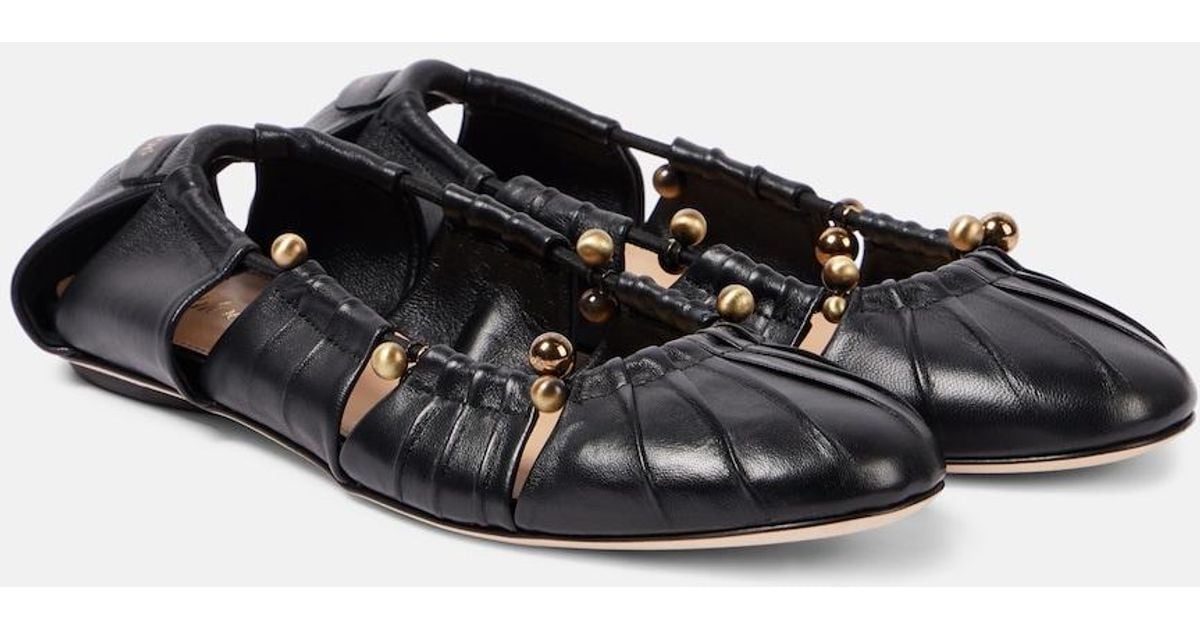 Chloé Luna Cut-Out Embellished Gathered Leather Ballet Flats in Black ...
