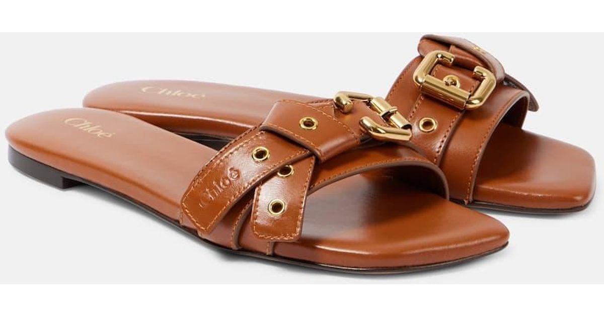 Chloé Mae Leather Slides in Brown | Lyst