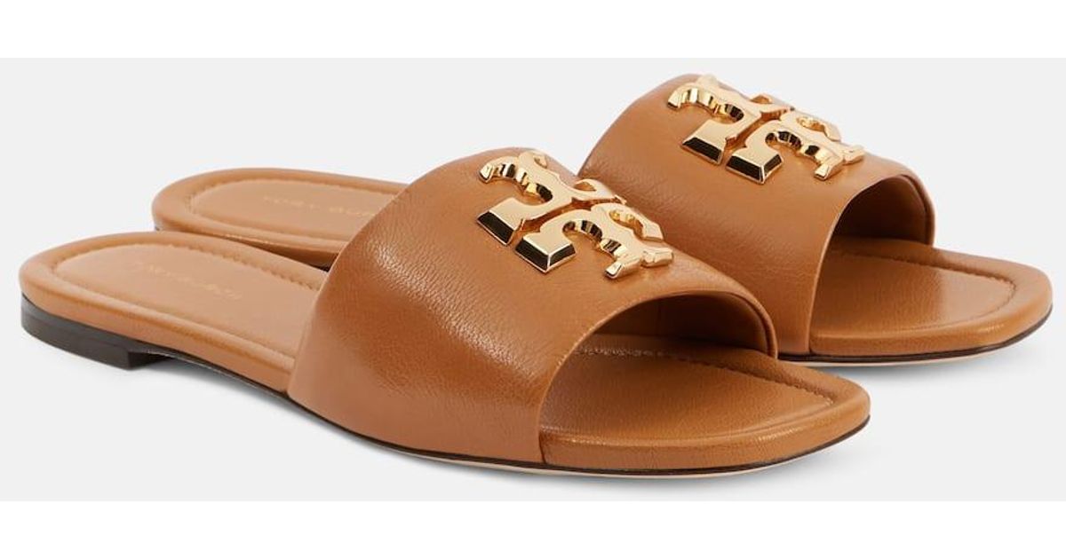 Tory Burch Eleanor T Monogram Leather Slides in Brown | Lyst
