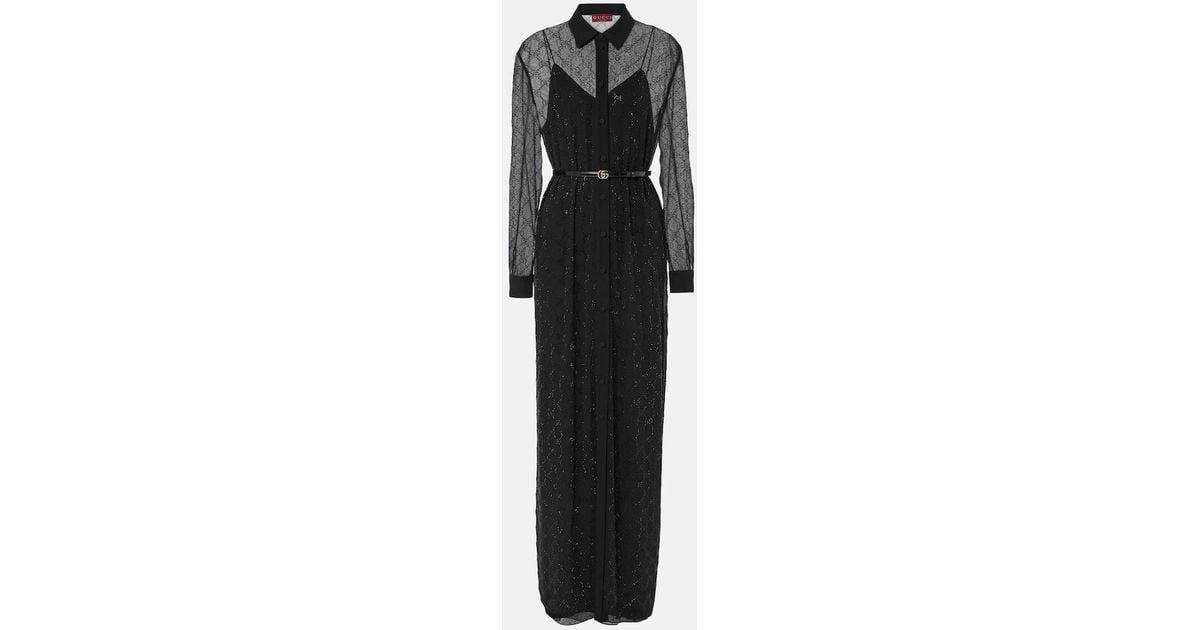 Gucci Gg Crystal Silk Maxi Dress in Black | Lyst