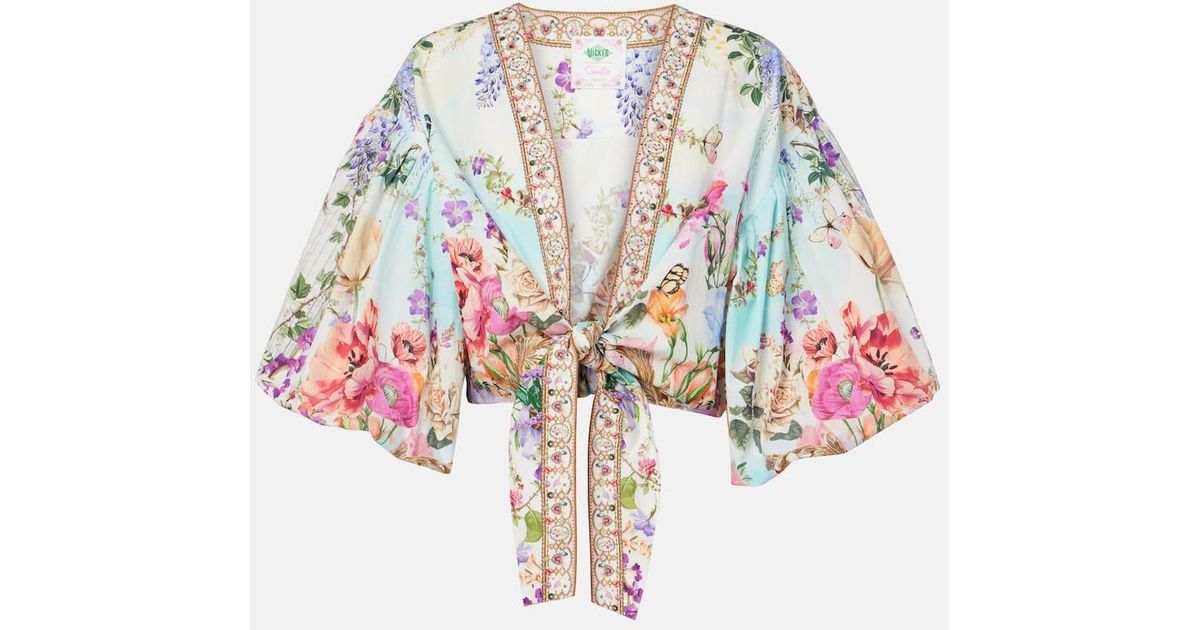 CAMILLA Tie-Front Puff-Sleeve Crop Top | Lyst