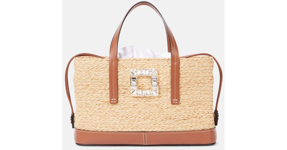 Roger Vivier Viv' Skate Small Raffia Tote Bag in Natural | Lyst