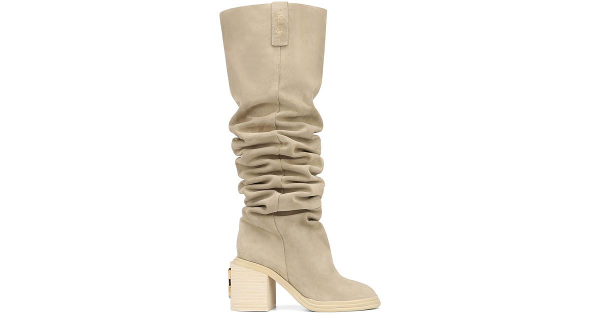 Naked Wolfe Suede Knee-High Heeled Boots in Natural | Lyst