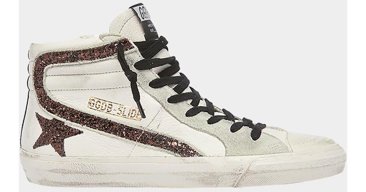 Golden Goose Slide Leather Glitter High-Top Sneakers in Natural | Lyst