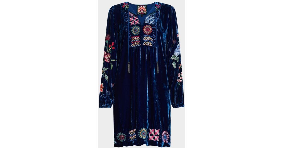 Johnny Was Nikkola Embroidered Velvet Mini Shift Dress in Blue | Lyst