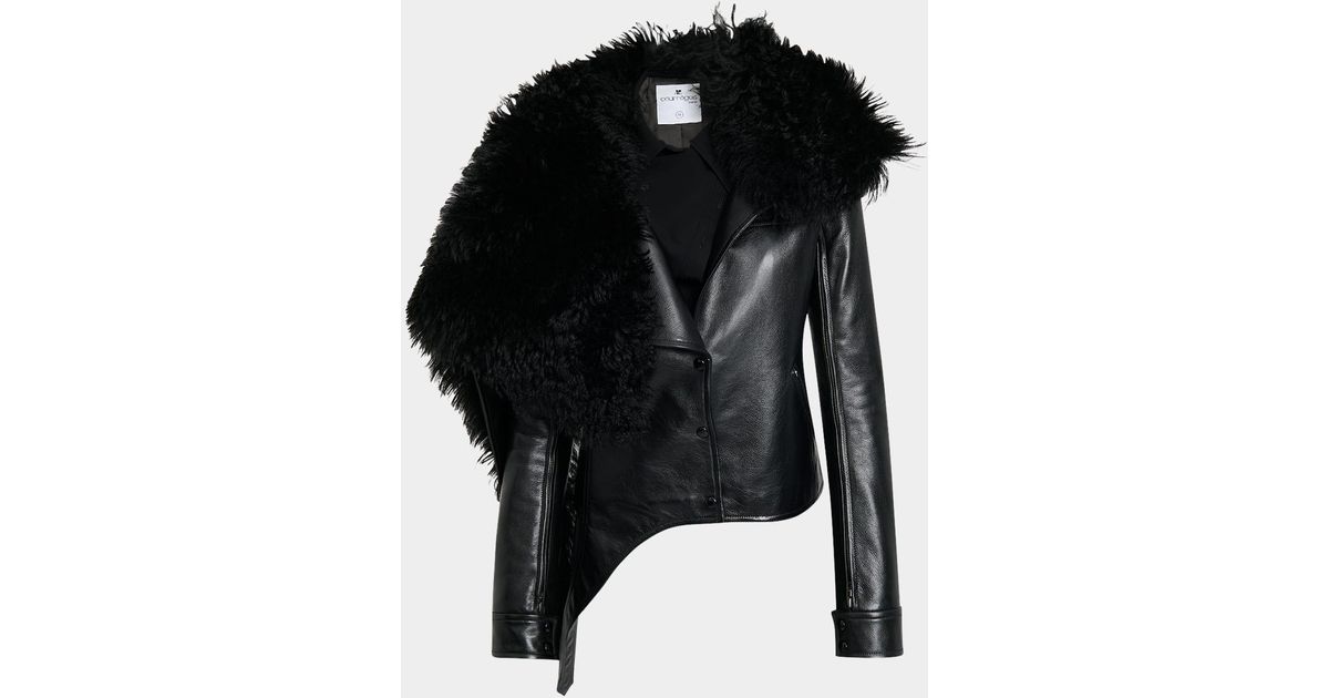 Courreges Lamb Shearling Asymmetric Leather Moto Jacket in Black | Lyst