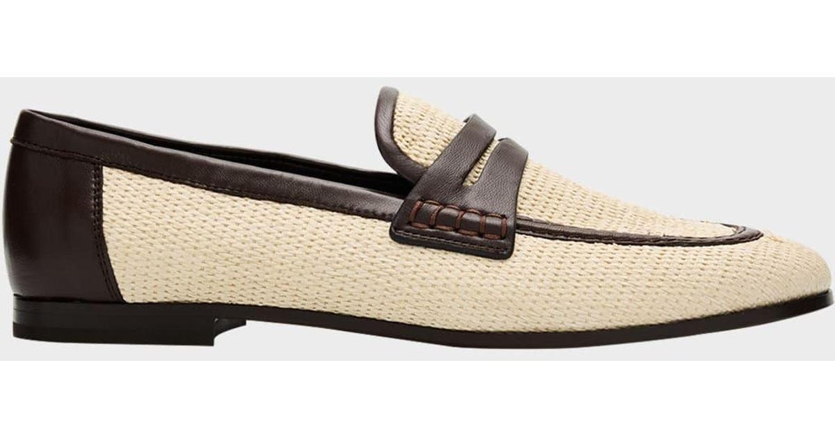Brunello Cucinelli Micro Raffia And Leather Penny Loafers in White | Lyst