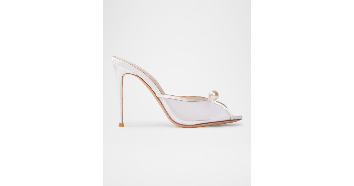 Black Suede Studio Pearly Mesh Peep-Toe Slide Sandals in White | Lyst