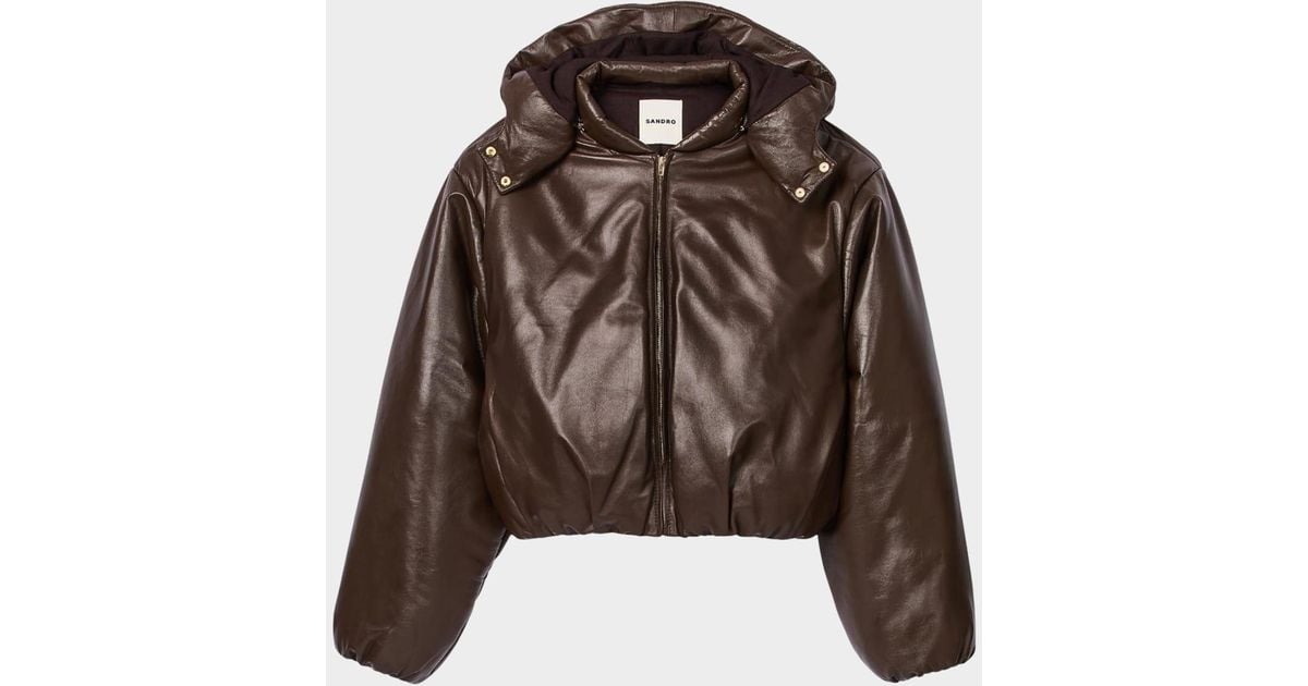 Sandro Raven Glazed Lambskin Leather Bomber Jacket in Brown | Lyst